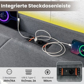 Costway Rám manželské postele včetně LED osvětlení, čalouněná plošina s nabíjecí