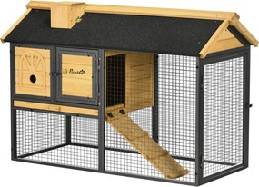 PawHut Dvouvrstvý dřevěný králíkárník s otevřenou plochou, střecha z asfaltu, vyjímatelný podnos, dveře a rampa, venkovní králíkárník 120 cm D x 56 c…