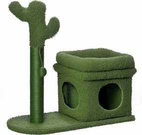 PawHut Kočičí škrabadlo ve tvaru kaktusu, výška 67 cm, kočičí věž s pelíškem, plyšovým domem, sisalovým sloupem a visící koulí 68x30x67 cm Zelené | Ao