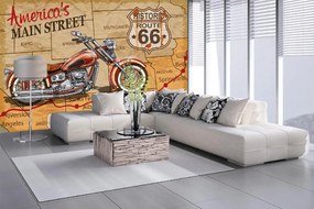 DIMEX | Samolepicí vliesová fototapeta na zeď Plakát motocykl na Route 66 MA-5-2145 | 375 x 250 cm | červená, černá, hnědá