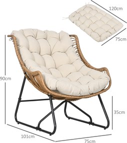 Zahradní lehátko, ratanový vzhled, venkovní křeslo, s polštářem, kovový rám, 75x101x90 cm, přírodní/khaki/černá barva