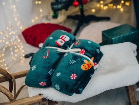 2x Vánoční tmavě zelená beránková deka z mikroplyše SNĚHULÁK A PERNÍČEK 160x200 cm