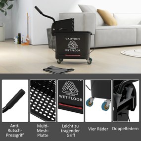 HOMCOM Úklidový vozík Úklidový kbelík 20 l vozík na mop s lisem 2 přihrádky Černá barva