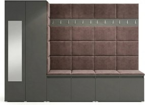 Předsíňová stěna Trinity 9 s čalouněnými panely, 290 cm, grafit/ světle hnědá