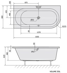 Polysan ASTRA L asymetrická vana 165x80x48 cm, bílá, 33611