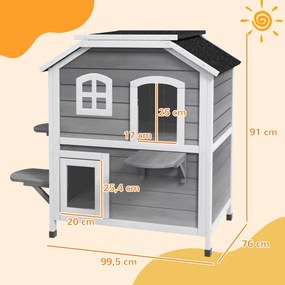 PawHut dřevěný domeček pro kočky 78 x 55,5 x 91 cm voděodolný s podlahou odolnou proti vlhkosti únikové dveře skákací plošiny otvor v podlaze šedý