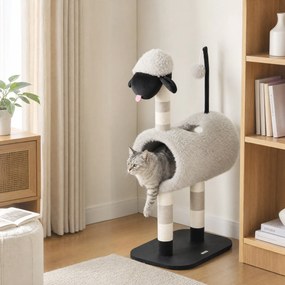PawHut Kočičí strom v designu ovce, se škrábacím sloupkem, tunelem a hračkou, 98 cm, světle šedá