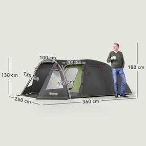 Rodinný kempingový stan Outsunny pro 2-4 osoby, voděodolný tunelový stan 3000 mm se 3 dveřmi, okny a nosičem, ideální na kempování, cestování a turist