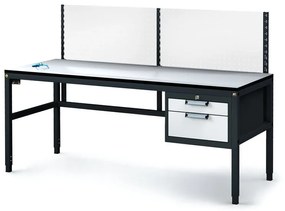Antistatický dílenský ESD stůl s perfopanelem, 2 zásuvkový box na nářadí, 1800x800x745-985 mm
