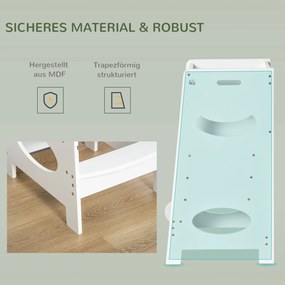HOMCOM Dřevěná učební věž pro děti - Kuchyňský stolička s nastavitelnou výškou ve 3 polohách a bezpečnostními zábranami 40x50x90 cm Bílá