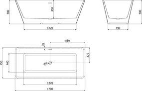 Mexen Tava, volně stojící rýhovaná vana 170 x 75 cm, bílá-černá, růžové zlato přepad, 52851707575-60