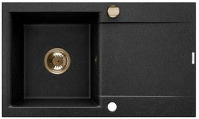 Invena Tesalia, 1-komorový granitový dřez s odkapávačem 760x440x160 mm a kuchyňskou baterií Glamour s flexibilním ramenem + zlatý automatický sifon, INV-AZ-01-Z43-SET