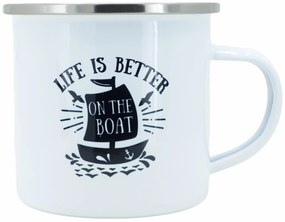 Bílý smaltovaný plecháček s nápisem Life Is Better On The Boat 360ml