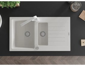 Mexen Matias, granitový dřez 900x505x200 mm, 1,5-komorový a bílá baterie Rita, bílá, 6502-20-670300-20
