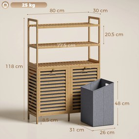 HOMCOM bambusová skříňka do koupelny s koši na prádlo – 3patrové úložiště se 2 odnímatelnými látkovými koši, 80 × 30 × 118 cm, dub