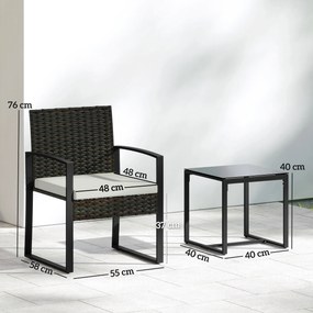 Ratanový bistro set, 3dílná sada zahradního nábytku se 2 zahradními židlemi, konferenčním stolkem, odnímatelnými polštáři krémově bílá
