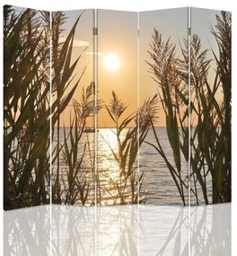 Ozdobný paraván Západ slunce u jezera - 180x170 cm, pětidílný, klasický paraván