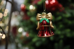 Červená károvaná vánoční ozdoba zvonek 7cm