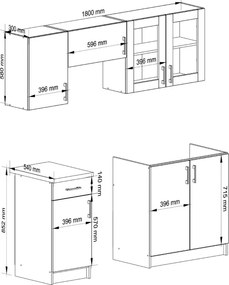 Kuchyňská linka LIMA s vitrínou 1.8 m bílá / dub sonoma