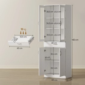 HOMCOM vysoká kuchyňská skříňka s prosklenými dveřmi, zásuvkou a nastavitelnými policemi, bílá, 60 x 35 x 180 cm