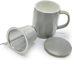 Šedý porcelánový hrnek Lilie, 350 ml – se sítkem, víčkem a kolibříkem