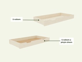 Benlemi Dřevěný šuplík BUDDY na kolečkách se dvěma výřezy Zvolte barvu: Nelakovaná, Zvolte rozměr: 120x140 cm (pod postel 120x160 cm), Zvolte variantu: S roštem a plným dnem