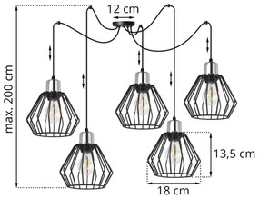 Závěsné svítidlo NUVOLA SPIDER 4, 5x černé drátěné stínítko, CH