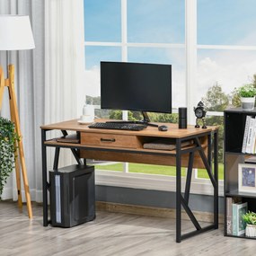 HOMCOM Pracovní stůl v industriálním stylu 120D x 60Š x 76V cm Se zásuvkou + 2 policemi Černé kovové nohy Ořechová dřevinová vrchní část
