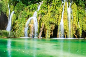 DIMEX | Samolepicí vliesová fototapeta na zeď Plitvický vodopád MA-5-3193 | 375 x 250 cm | zelená, bílá