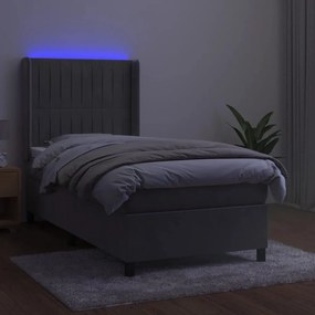 Box spring postel s matrací a LED světle šedá 90x200 cm samet 3139661
