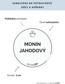 Samolepka na láhev MONIN JAHODOVÝ průměr 5 cm – průhledná vinylová, voděodolná, omyvatelná samolepka na dózy, tučné písmo