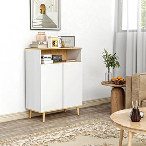HOMCOM Úložná Skříň, Kuchyňský Buffet, s Nastavitelnou Policí, Skříňka se 2 Dveřmi, 80 x 38 x 102 cm, Skandinávský Design, Korkové Nohy, Bílá a Dřevě…