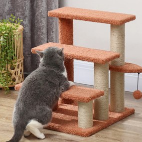 PawHut kočičí schody schody pro psy a kočky 3 stupně se škrabadly hrací míč plyšový hnědý 45x40x48cm pro větší pohodlí | Aosom.de