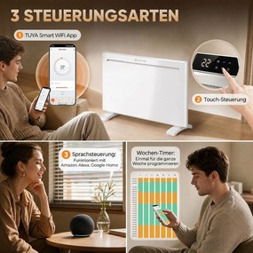 HOMCOM Inteligentní panelový ohřívač 1500 W, volně stojící / na stěnu, elektrický ohřívač s 7denním časovačem, detekce oken, ochrana proti mrazu, bílá