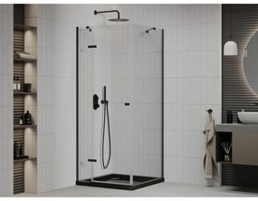 Mexen Roma, sprchový kout s 1-křídlými dveřmi 80 (dveře) x 80 (stěna) cm, 6mm čiré sklo, černý profil, slim sprchová vanička 5cm černá s černým sifonem, 854-080-080-70-00-4070B