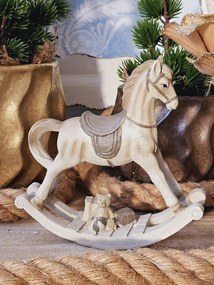 Šedá antik dekorace houpací koník s medvídkem - 15*4*14 cm