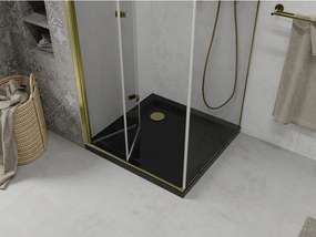 Mexen Lima, sprchový kout 90 (dveře) x 90 (stěna) cm, 6mm čiré sklo, zlatý profil + SLIM sprchová vanička černá 5cm se zlatým sifonem, 856-090-090-01-00-4070