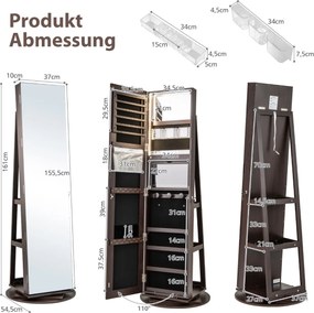 Costway Otočná skříňka na šperky o 360° s tříbarevnými LED světly Volně stojící