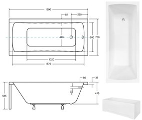 Besco Optima Premium akrylátová vana včetně podhlavníku a úchytů Délka vany: 170cm