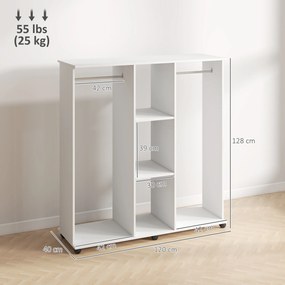 HOMCOM Dvojitá skříň-šatník mobilní úložná skříň 6 koleček 120 x 40 x 128 cm, bílá dřevěná