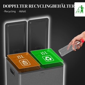 HOMCOM 2 x 15litrové dvojité odpadkové koše, otevírání pomocí pedálu, snadné čištění, nerezová ocel, plast, černá barva
