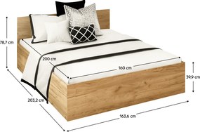 Postel s kovovým roštem a úložným prostorem, 160x200, dub craft zlatý, DOLI