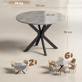 HOMCOM kulatý skládací jídelní stůl, pro 2–6 osob, ocelové nohy do kříže, do malých prostor, jídelna, kuchyně, 110 x 76 cm, cementově šedý