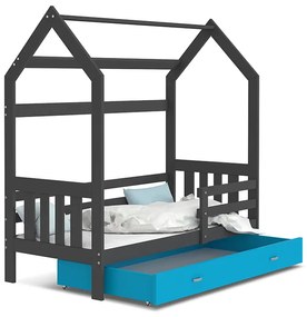 BabyBeds Dětská postel domeček se zábranou a úložným prostorem šedá Velikost postele: 190x80 cm, Barva šuplíku: Modrá