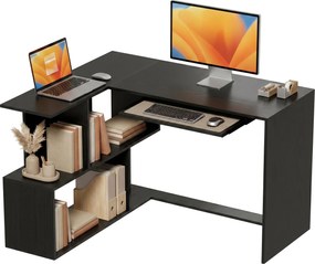 HOMCOM rohový stůl, 120 x 100 x 76 cm, L‑tvar psací stůl s výsuvem na klávesnici, 4 otevřené přihrádky, černý