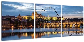Obraz Pražského hradu a Karlova mostu (s hodinami) (90x30 cm)