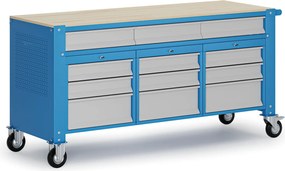 Pojízdný dílenský stůl G9, 12 zásuvek, 1690 x 595 x 865-1130 mm, šedá/modrá