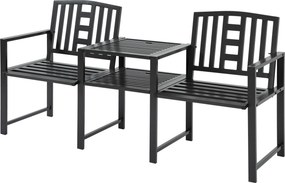 Outsunny Moderní zahradní lavice pro 2 osoby s stolem a otvorem na slunečník, venkovní nábytek 165x56x85,5cm Černá