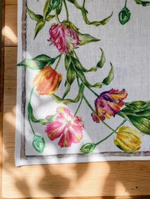 Lenbutik Lněný běhoun na stůl Papouščí tulipány/ Parrot tulips Rozměry ubrusů: 142x50 cm