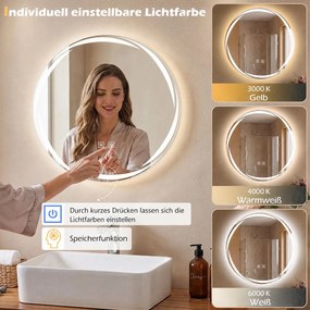 Costway Koupelnové zrcadlo s osvětlením 50 cm Kulaté LED koupelnové zrcadlo
